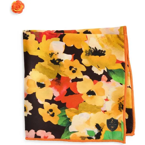 CLIFTON WILSON Orange Floral Silk Pocket Square - Yellow