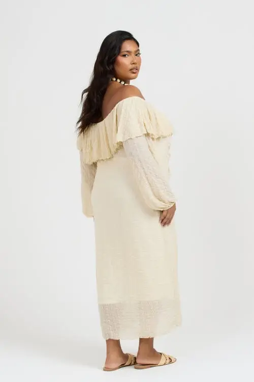 FASHION-SZN CURVE Ruffle Bardot Mesh Midi Dress