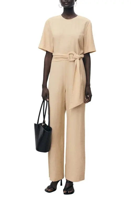 Mango Belted Wide Leg Jumpsuit - Ecru