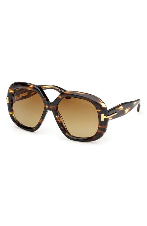 TOM FORD 56mm Geometric Sunglasses - Brown Striped Beveled/ Brown