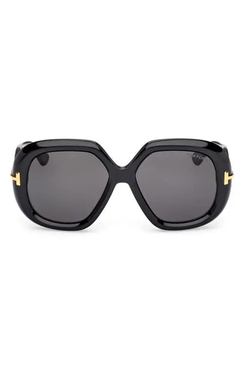 TOM FORD 56mm Geometric Sunglasses - Shiny Black Beveled/ Smoke