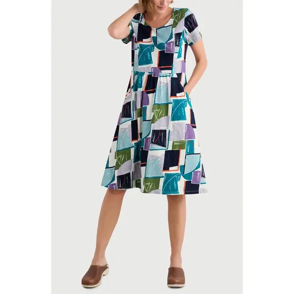 SEASALT CORNWALL Enor Print Organic Cotton Fit & Flare Dress - Block Shapes Mix
