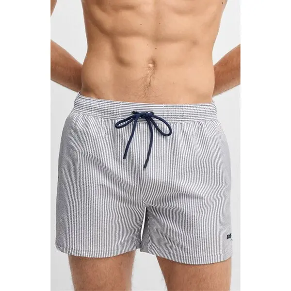 BOSS Striped Seersucker Swim Trunks - Navy