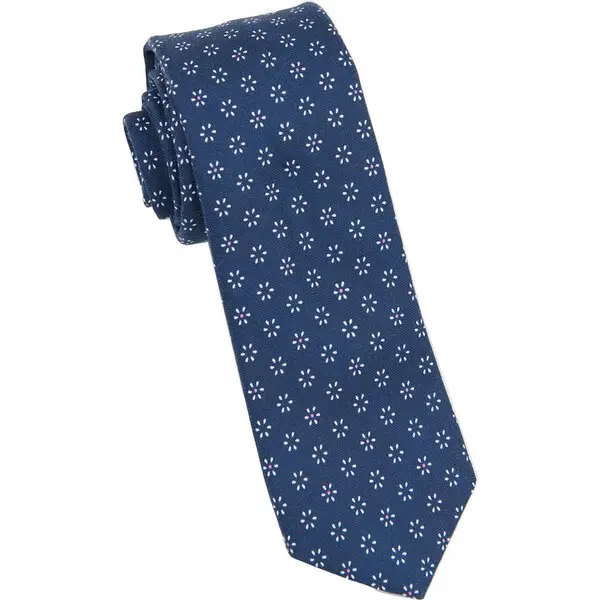 BROOKLYN BRIGADE Geometric Floral Print Cotton Tie - Navy