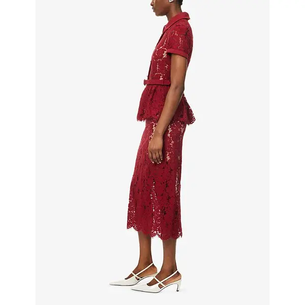 Buy SELF-PORTRAIT Lace Peplum Woven Midi Dress - Burgundy At 64% Off |  Editorialist