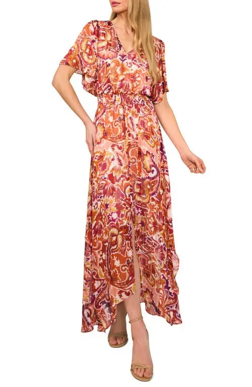 CECE DUPRAZ Printed Smocked Waist Maxi Dress - Wine