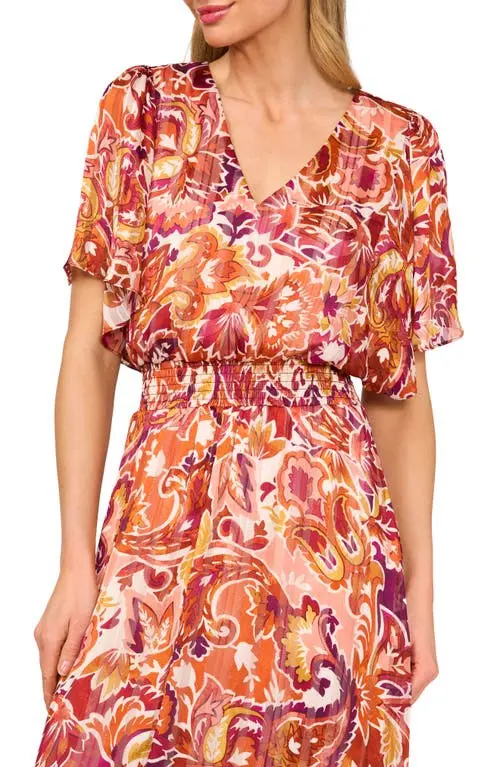 CECE DUPRAZ Printed Smocked Waist Maxi Dress - Wine