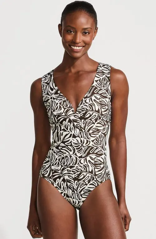 LANDS' END Sculpting Sweetheart V-wire High Leg One Piece Swimsuit - Brown Mini Tropic Leaves