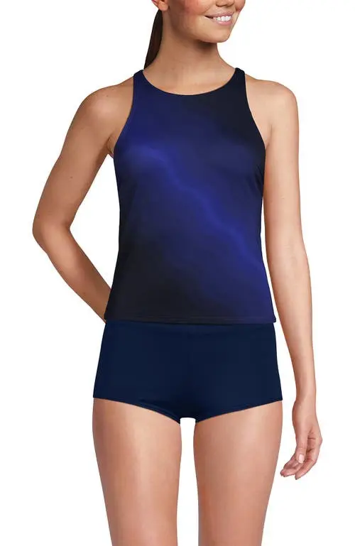 LANDS' END High Neck Strappy Back Tankini Swimsuit Top - Blue Wavy Ombre