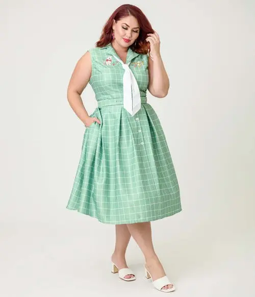 Unique Vintage 1950s Edith Swing Dress - Mint Plaid