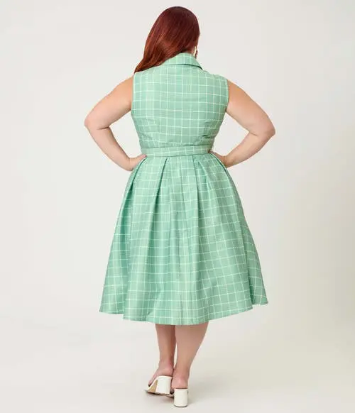 Unique Vintage 1950s Edith Swing Dress - Mint Plaid