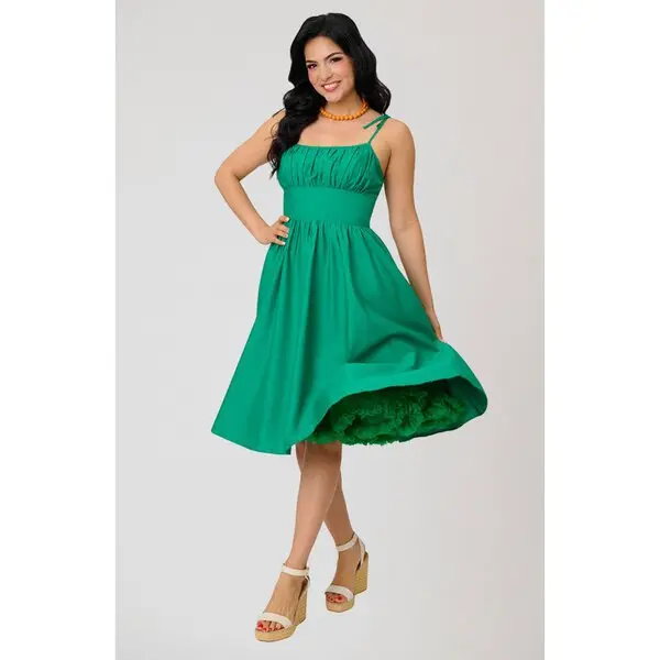 Unique Vintage 1950s Cotton Swing Dress - Green Solid
