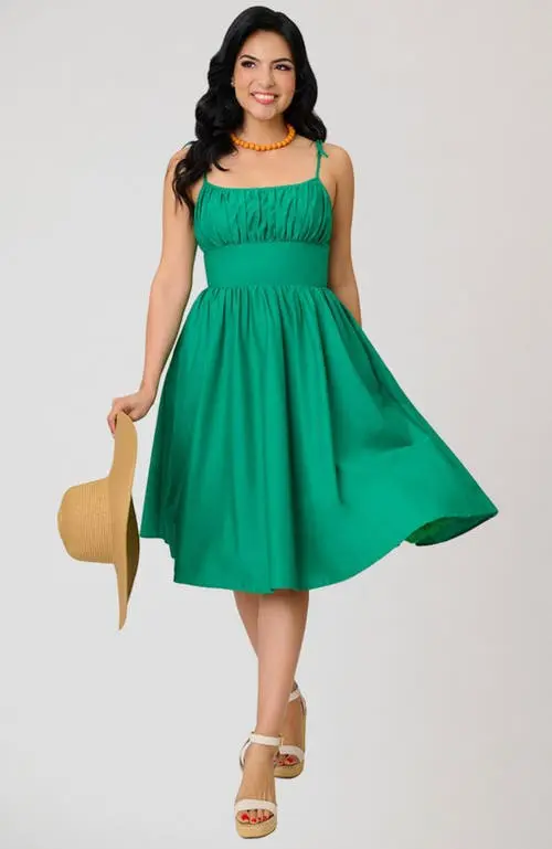 Unique Vintage 1950s Cotton Swing Dress - Green Solid
