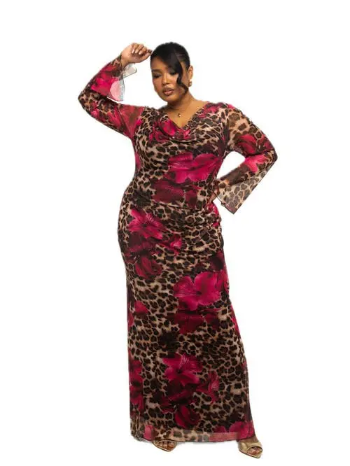 FASHION-SZN CURVE Leopard Print Mesh Maxi Dress