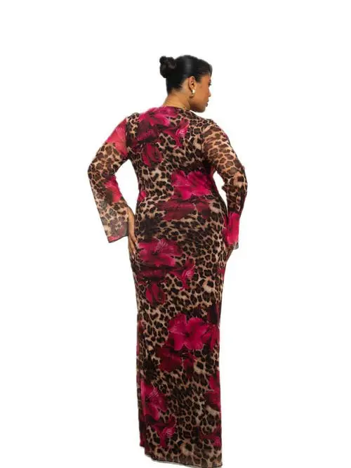 FASHION-SZN CURVE Leopard Print Mesh Maxi Dress