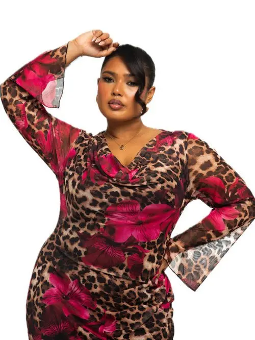 FASHION-SZN CURVE Leopard Print Mesh Maxi Dress