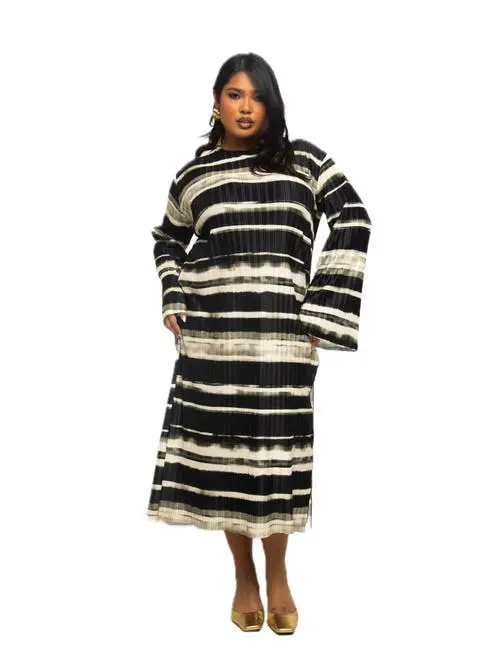 FASHION-SZN CURVE Long Sleeved Striped Plisse Midi Dress - Khaki
