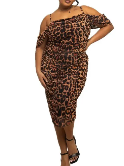 FASHION-SZN CURVE Leopard Print Mesh Midi Dress