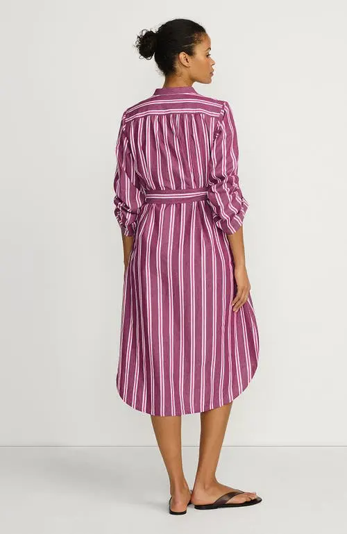 Lands' End Poplin Oversized Puff Sleeve Midi Shirt Dress - Burgundy Spritz  Stripe | Editorialist