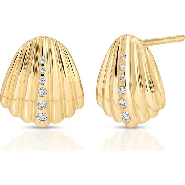 Ef Collection Diamond Shell Stud Earrings - 14k Yellow Gold / Diamond
