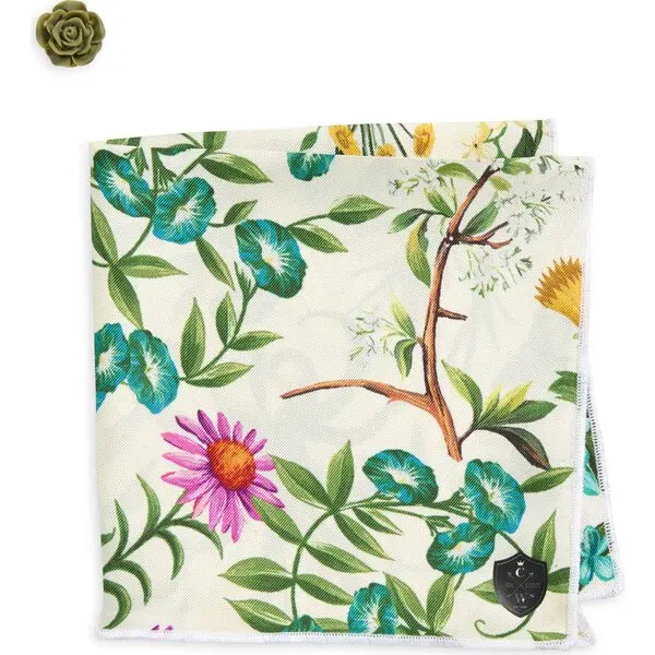 CLIFTON WILSON Floral Silk Pocket Square - Olive