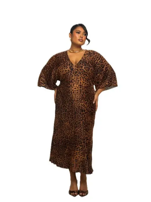 FASHION-SZN CURVE Leopard Print Midi Dress - Brown