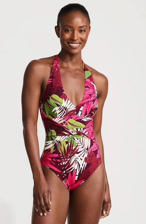 LANDS' END Sculpting Suit Plunge Halter High Leg One-piece Swimsuit - Dark Wine Multi Tropical Palm