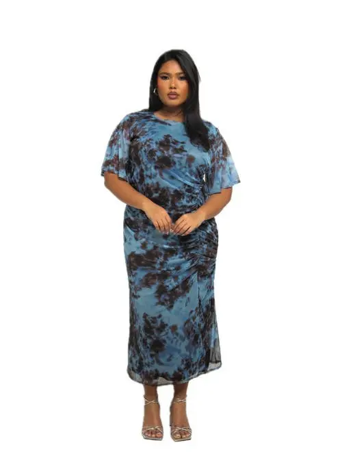 FASHION-SZN CURVE Abstract Print Mesh Midi Dress - Blue