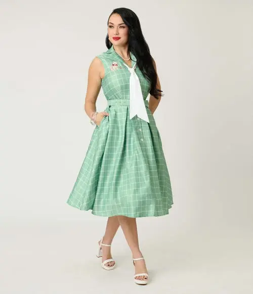 Unique Vintage 1950s Edith Swing Dress - Mint Plaid