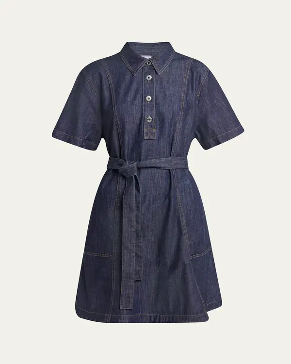 Bottega Veneta Short-sleeve Belted Denim Shirt Dress