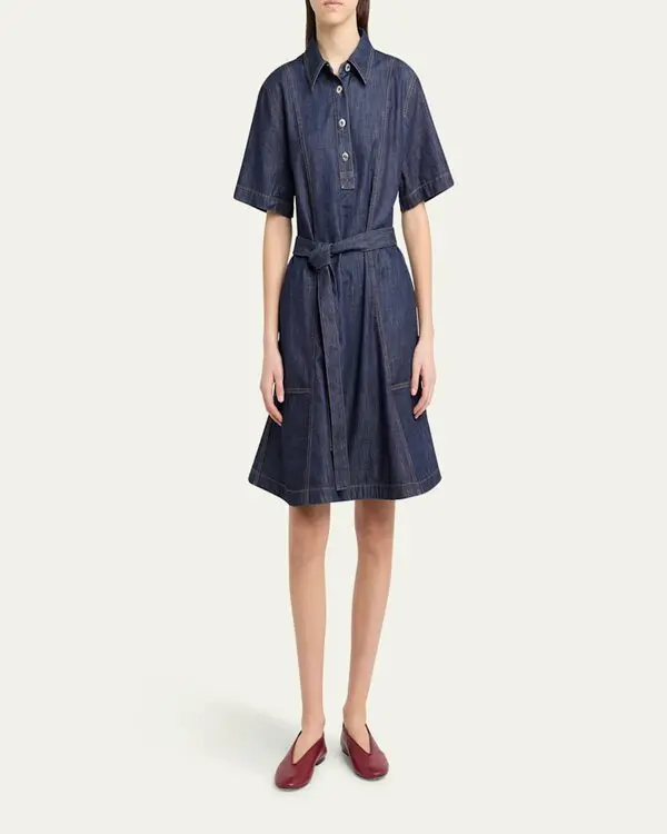 Bottega Veneta Short-sleeve Belted Denim Shirt Dress