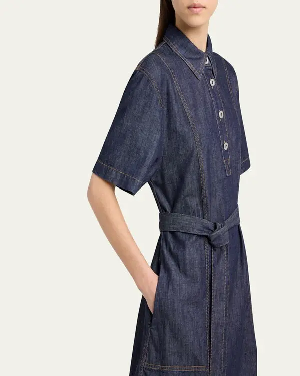 Bottega Veneta Short-sleeve Belted Denim Shirt Dress