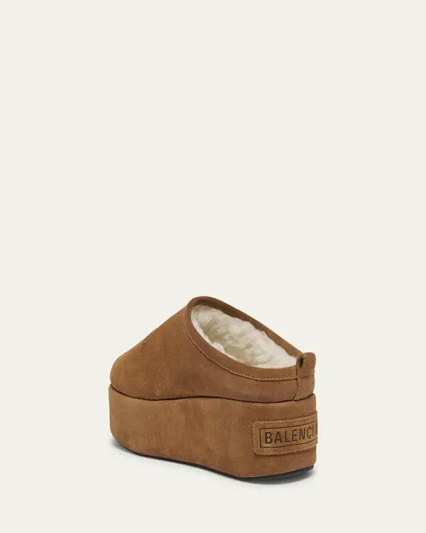 Balenciaga Alaska Suede Faux Shearling Mules - Camel