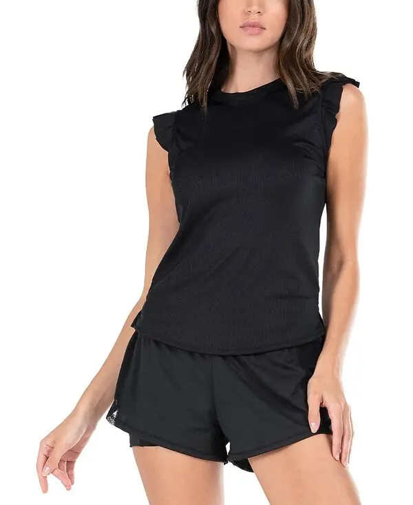 Lucky In Love Rib Tank With Ruffled Cap Sleeves - Black