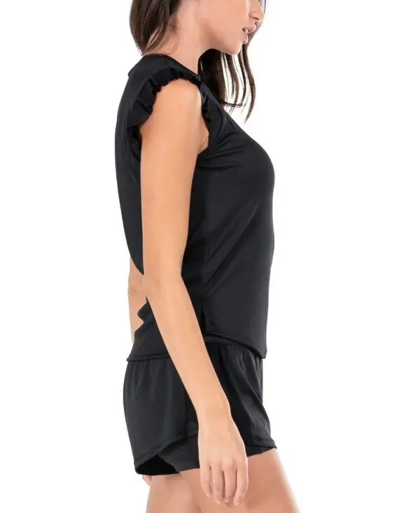 Lucky In Love Rib Tank With Ruffled Cap Sleeves - Black
