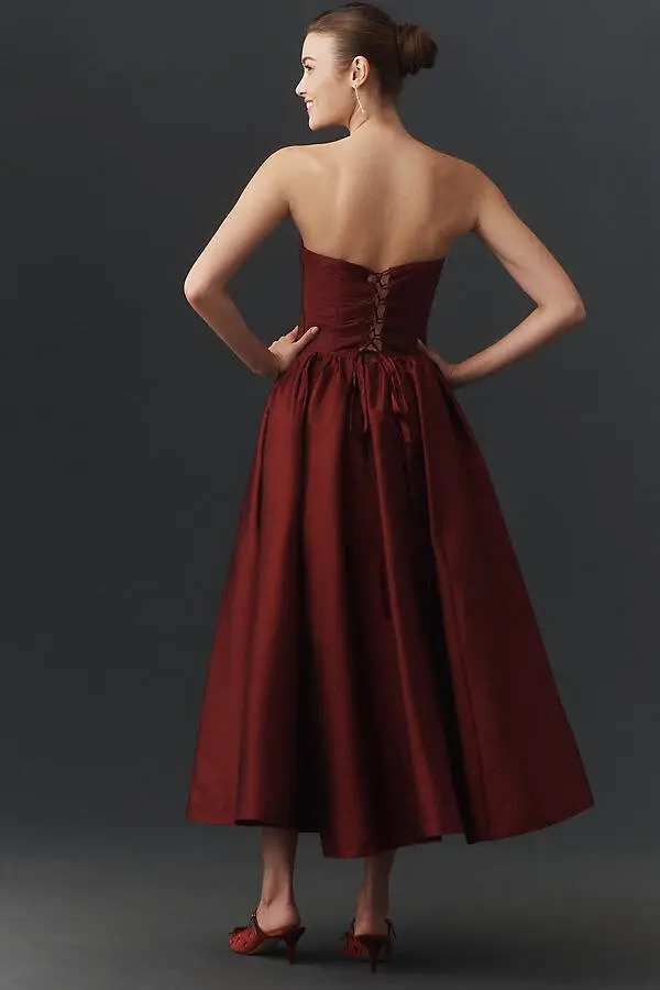 Bhldn Strapless Basque-waist A-line Midi Dress - Cabernet