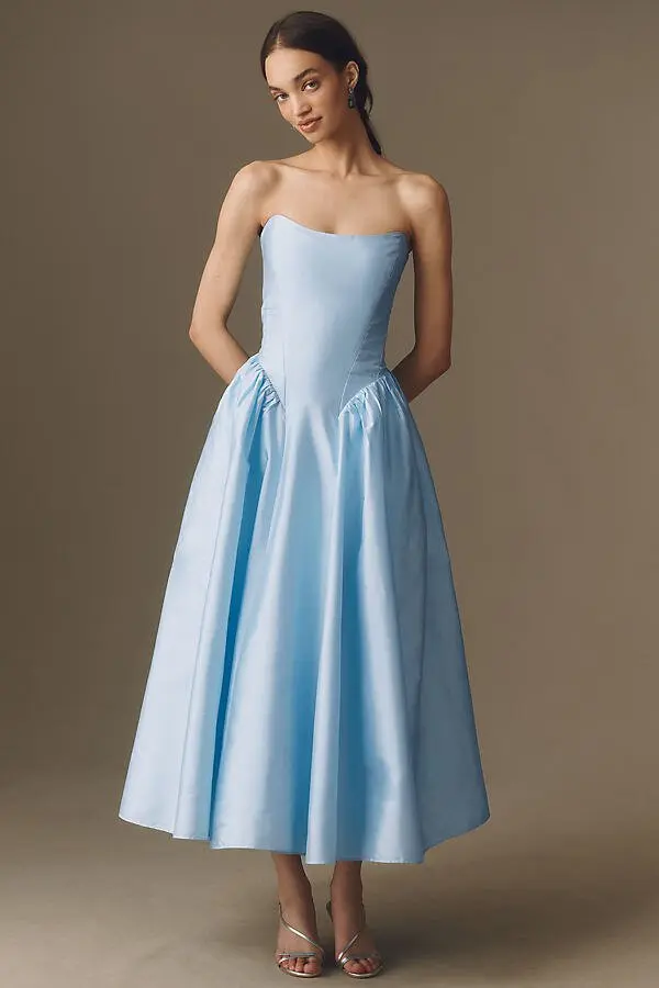 Bhldn Strapless Basque-waist A-line Midi Dress - Light Blue
