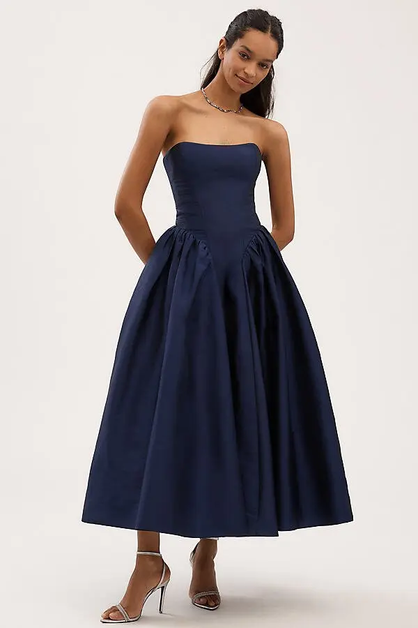 Bhldn Strapless Basque-waist A-line Midi Dress - Nightfall