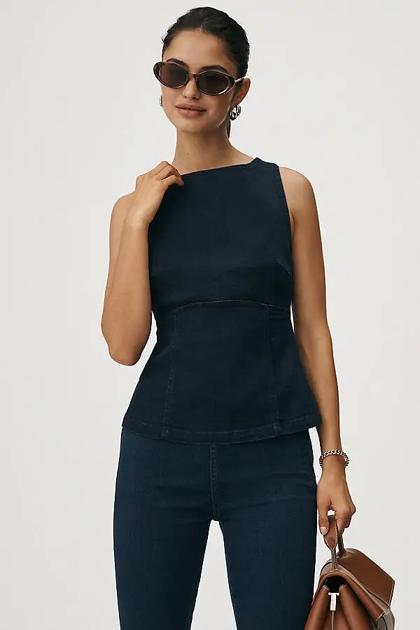 PILCRO Sleeveless Open-back Denim Peplum Top - Kit Wash
