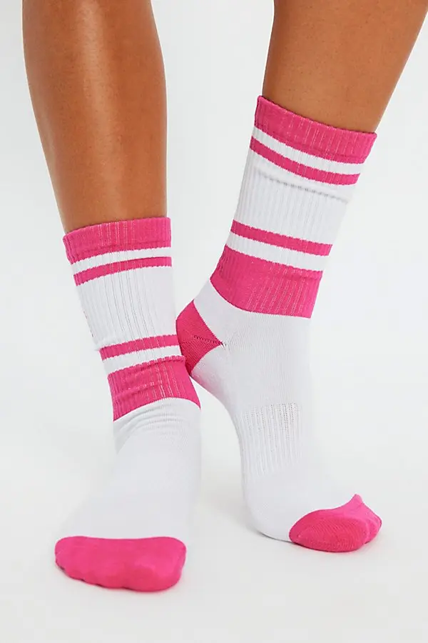Free People Spring Break Prep Crew Socks - White/candy Pink