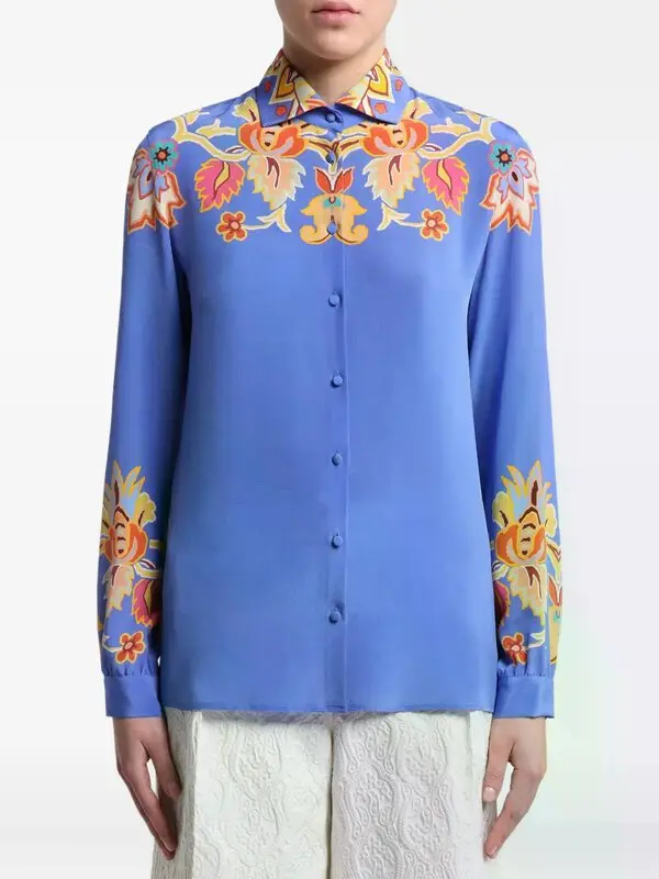 Etro Floral-print Crepe De Chine Shirt - Blue