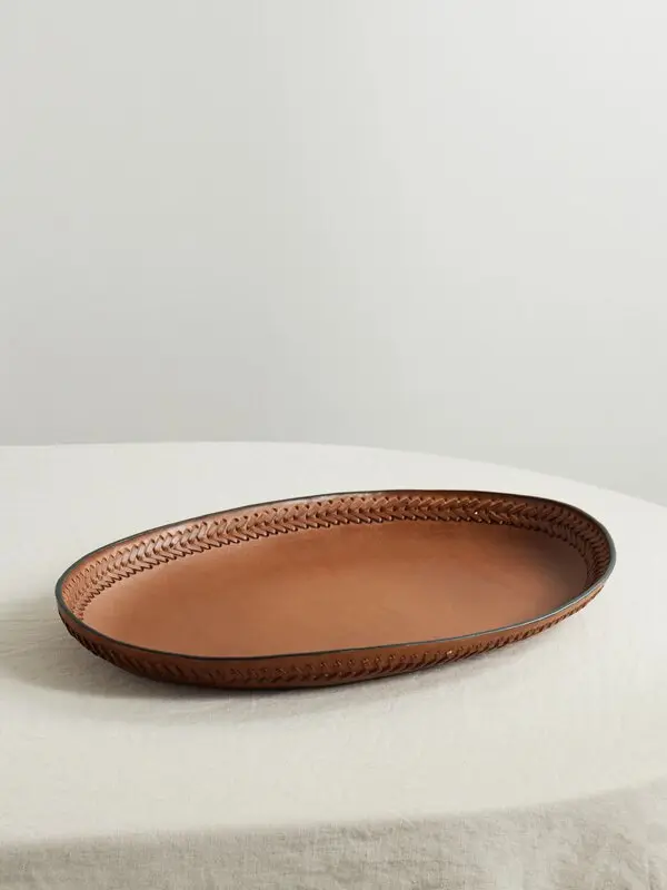 HUNTING SEASON Oval Whipstitched Leather Tray - Brown