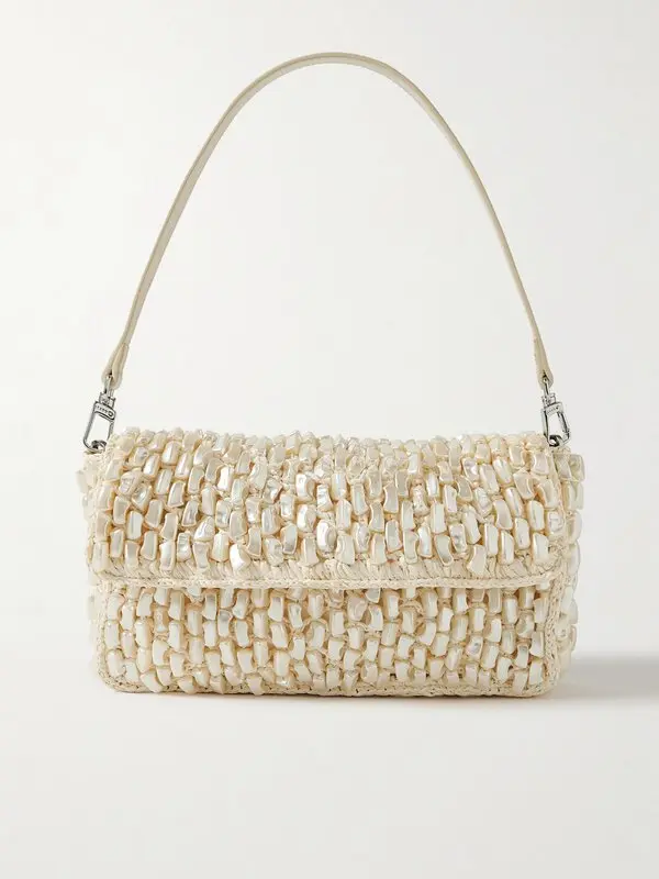 Staud Timmy Leather-trimmed Faux Pearl-embellished Raffia Shoulder Bag - Neutrals