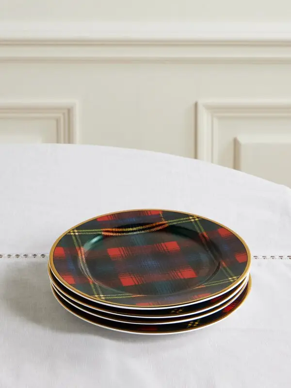 Ralph Lauren Alexander Set Of Four Gold-plated Checked Porcelain Plates - Red