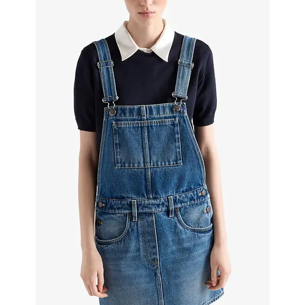 Prada Bib Overall Denim Mini Dress - Blue