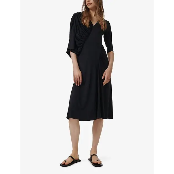 LEEM Asymmetric Gathered Panel Woven Midi Dress