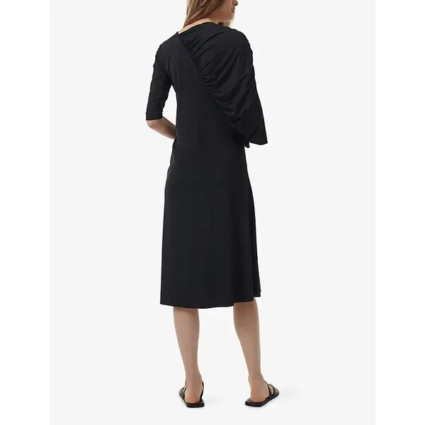 LEEM Asymmetric Gathered Panel Woven Midi Dress