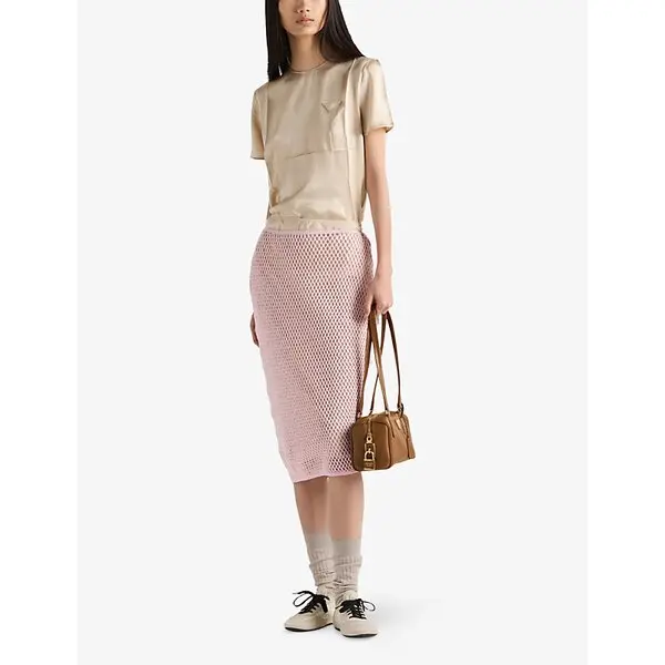 Prada Cotton Mesh Midi Skirt With Triangle Logo