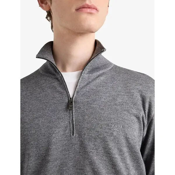 Prada Logo-embroidered Half-zip Cashmere-silk Turtleneck - Grey