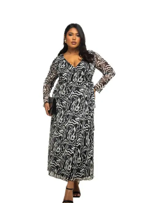 FASHION-SZN CURVE Printed Midaxi Dress With Slit - Black